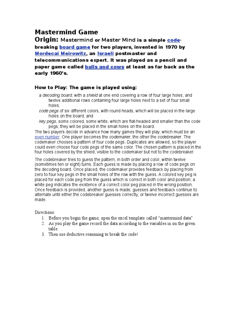 Mastermind Game Origin:: Code Board Game Mordecai Meirowitz Israeli ...