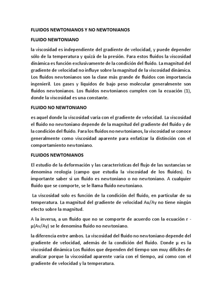 Fluidos Newtonianos y No Newtonianos | PDF | Viscosidad | Fluido