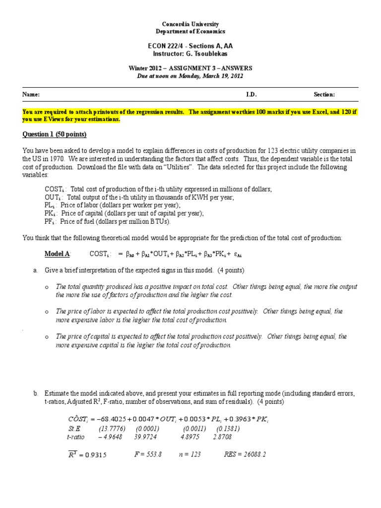 Econ 222 W2012 Assignment 3 Answers Posted | Download Free PDF | Coefficient Of Determination ...