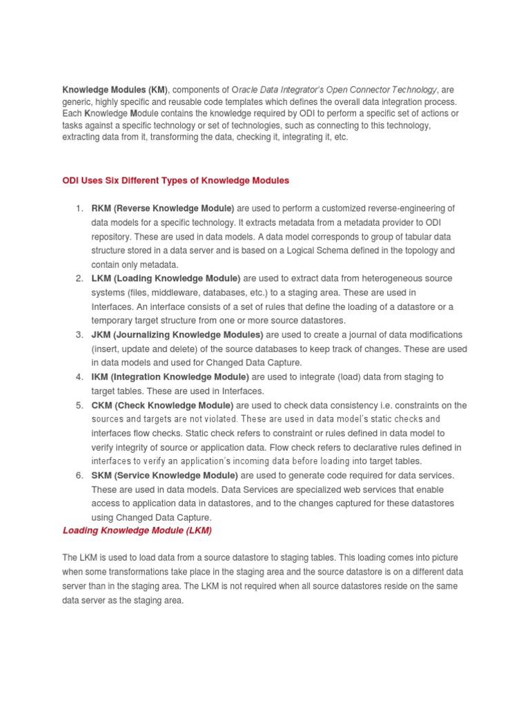 ODI Uses Six Different Types of Knowledge Modules | PDF | Oracle Database | Microsoft Sql Server