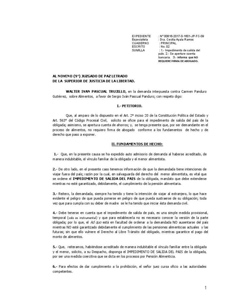 Impedimento De Salida Del Pais Manutención De Los Hijos Demanda