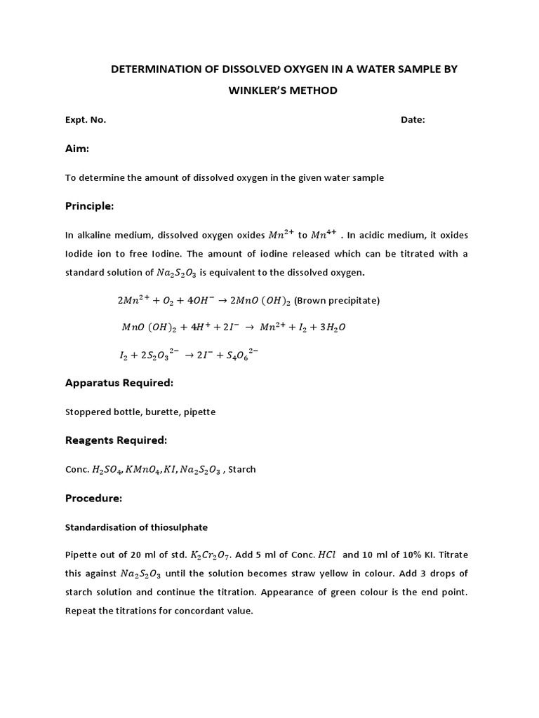 Winkler's Method | PDF | Titration | Chemistry