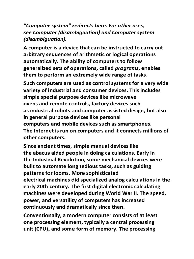 "Computer System" Redirects Here. For Other Uses, See Computer ...