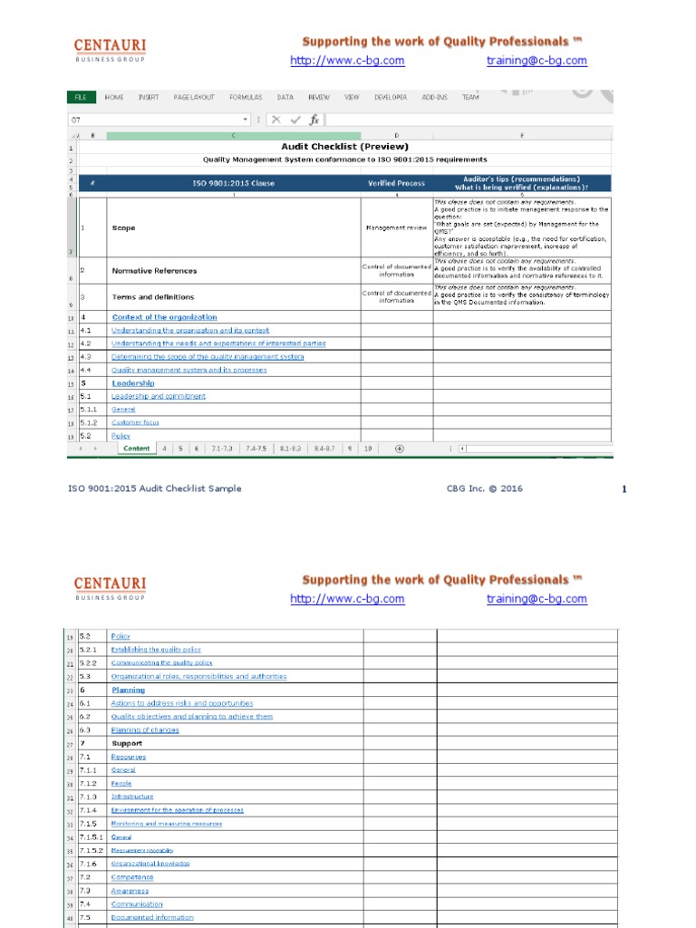 ISO 9001 2015 Audit Checklist in MS Excel Preview | PDF