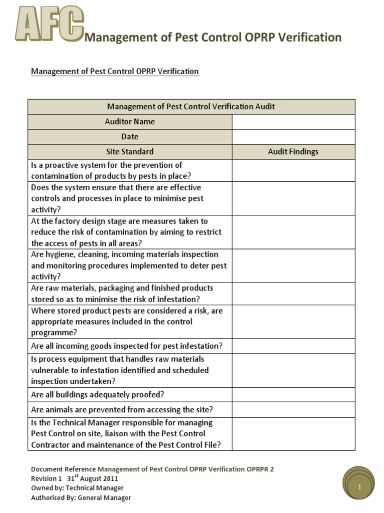 OPRP 2 Management of Pest Control Verification Record | Pest Control ...
