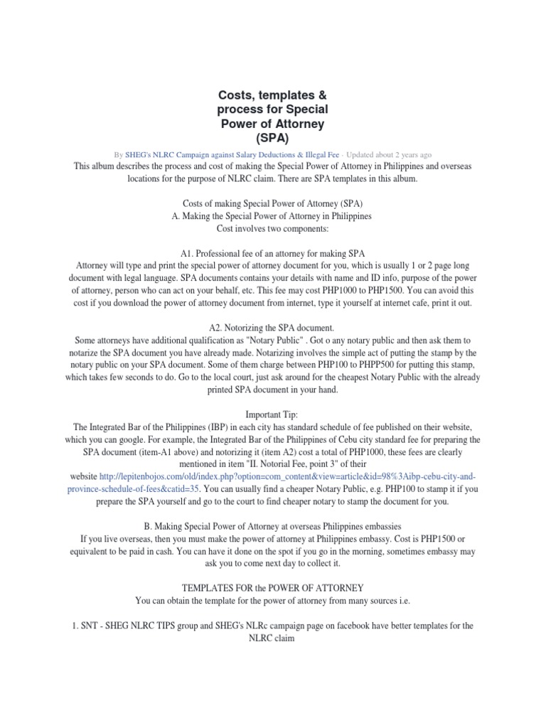 Costs, Templates & Process For Special Power of Attorney (SPA) | PDF ...