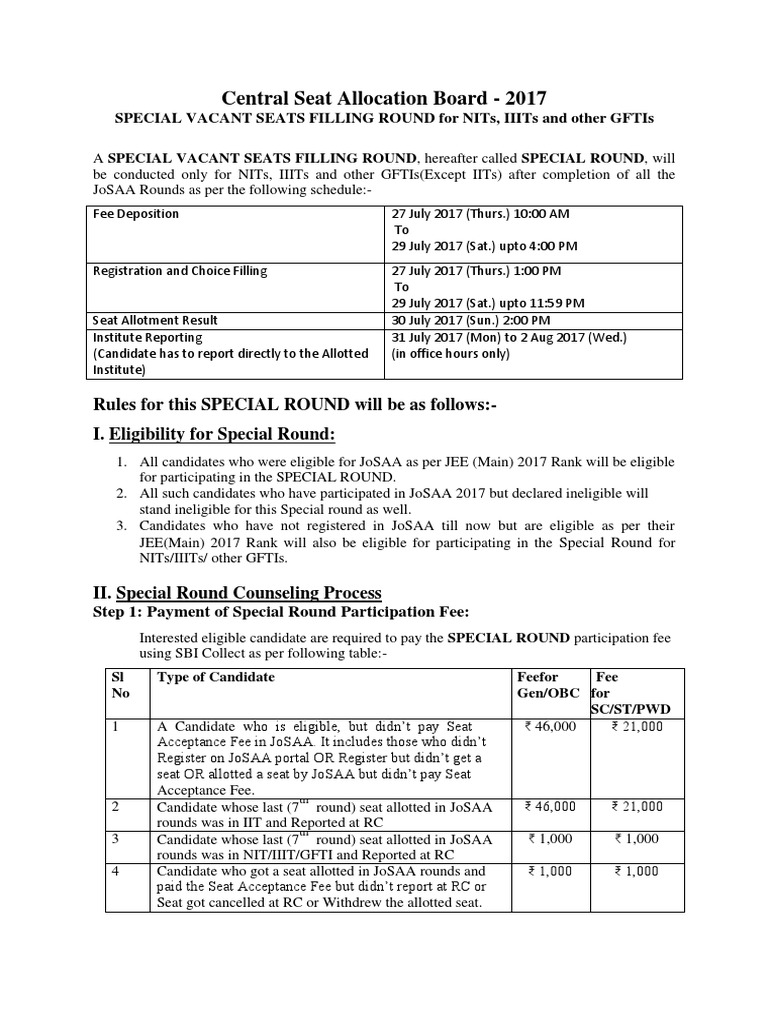 Central Seat Allocation Board - 2017: Rules For This SPECIAL ROUND Will ...