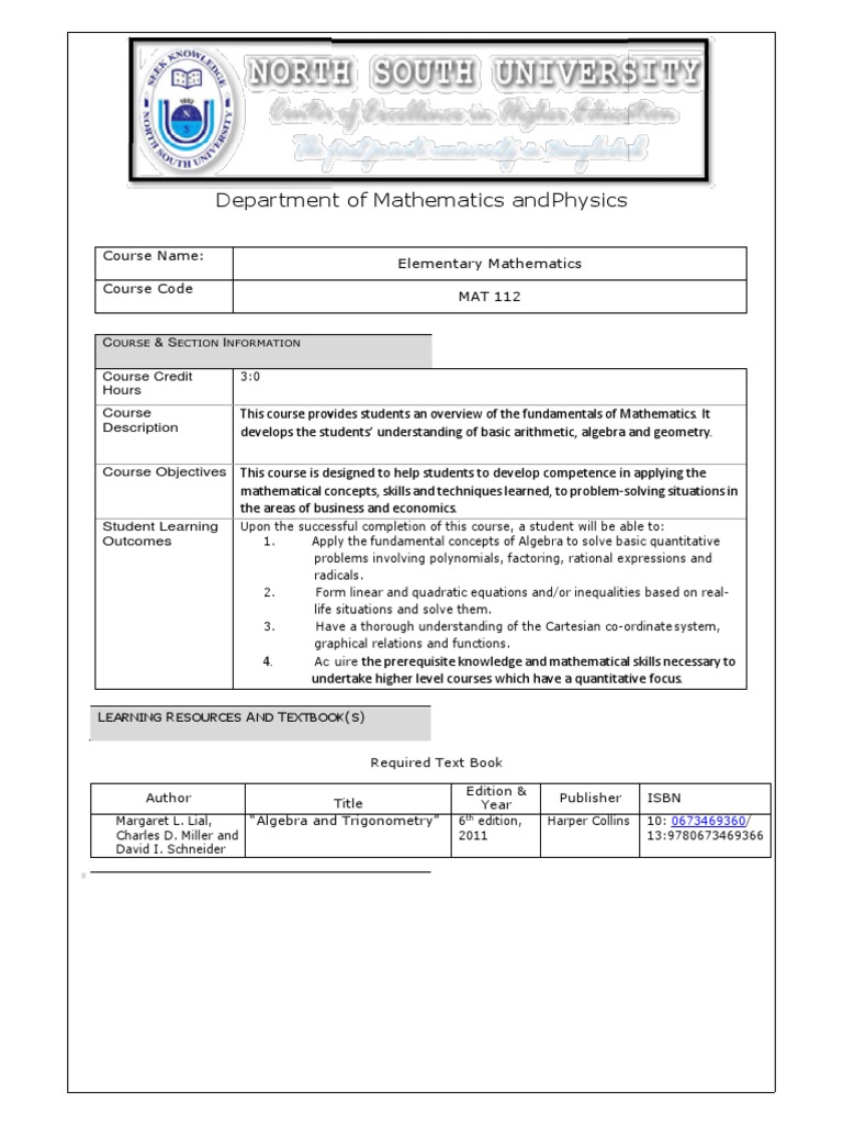 Department of Mathematics and Physics: Course Name: Elementary ...