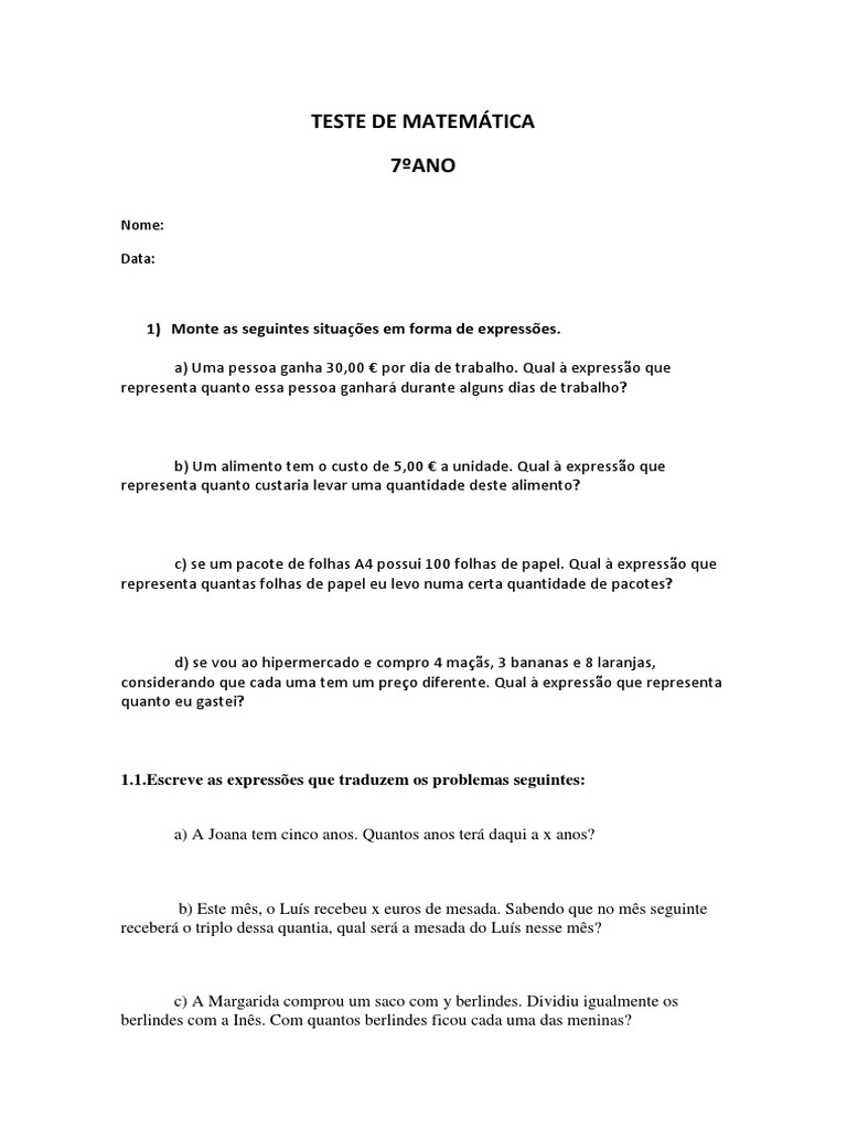 Teste de Matematica 2 P | Download grátis PDF | Função (Matemática ...