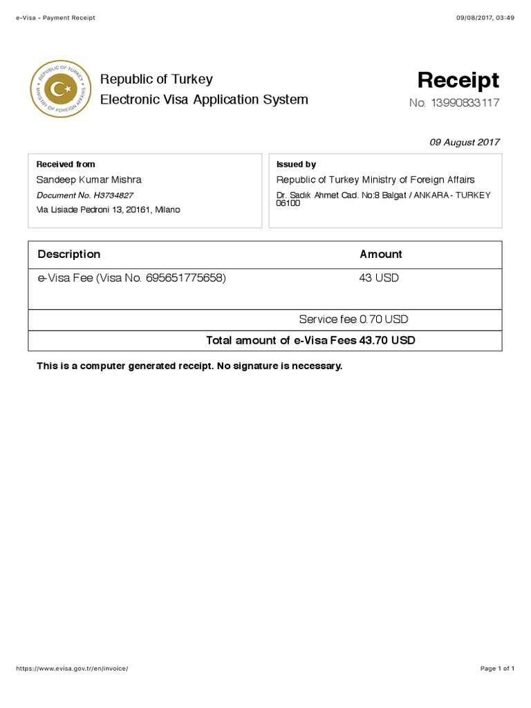 Turkey e-Visa Payment Receipt | PDF