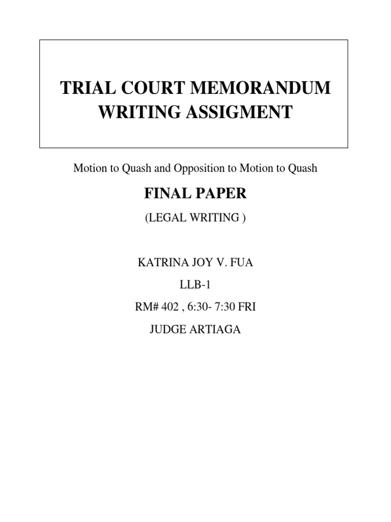 Trial Court Memorandum Writing Assigment: Final Paper | PDF