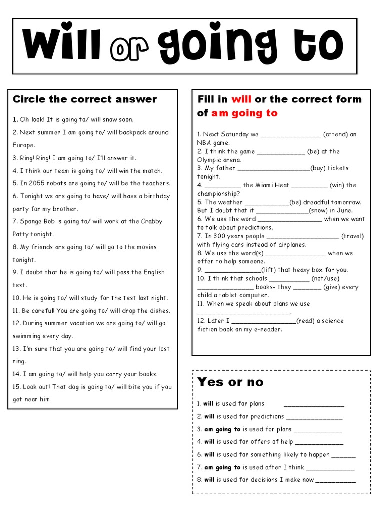 Will Going To: Fill in or The Correct Form of Circle The Correct Answer ...