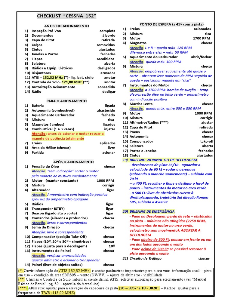 CheckList Cessna 152 (Detalhado) | PDF | Pista | Altímetro