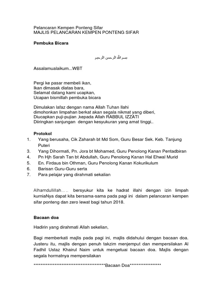 Teks Pengacara Pelancaran Kempen Ponteng Sifar | PDF