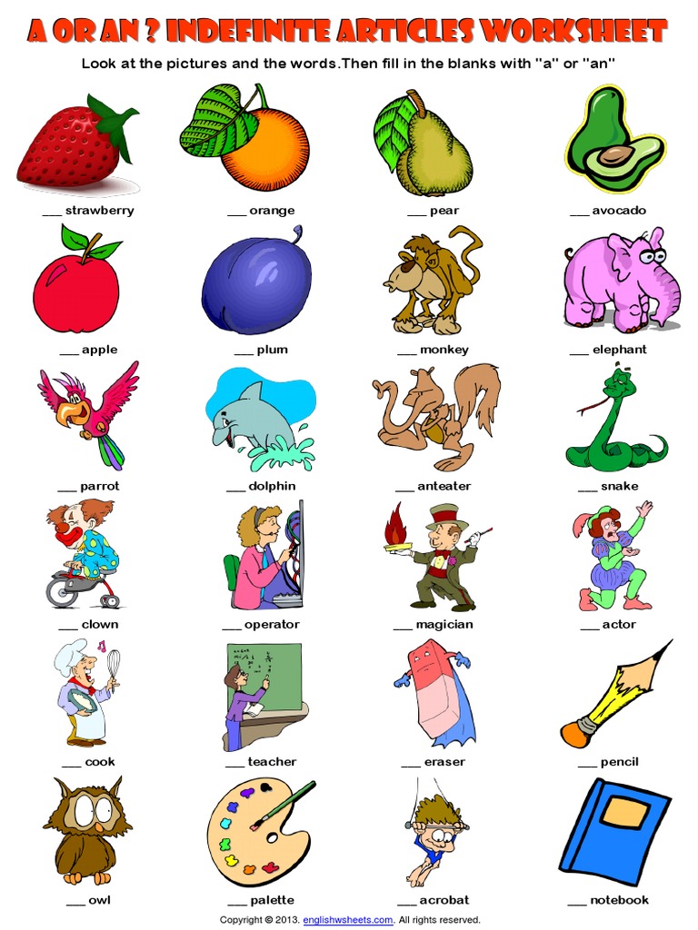 Indefinite Articles A or An Exercise Worksheet PDF | PDF | Games ...