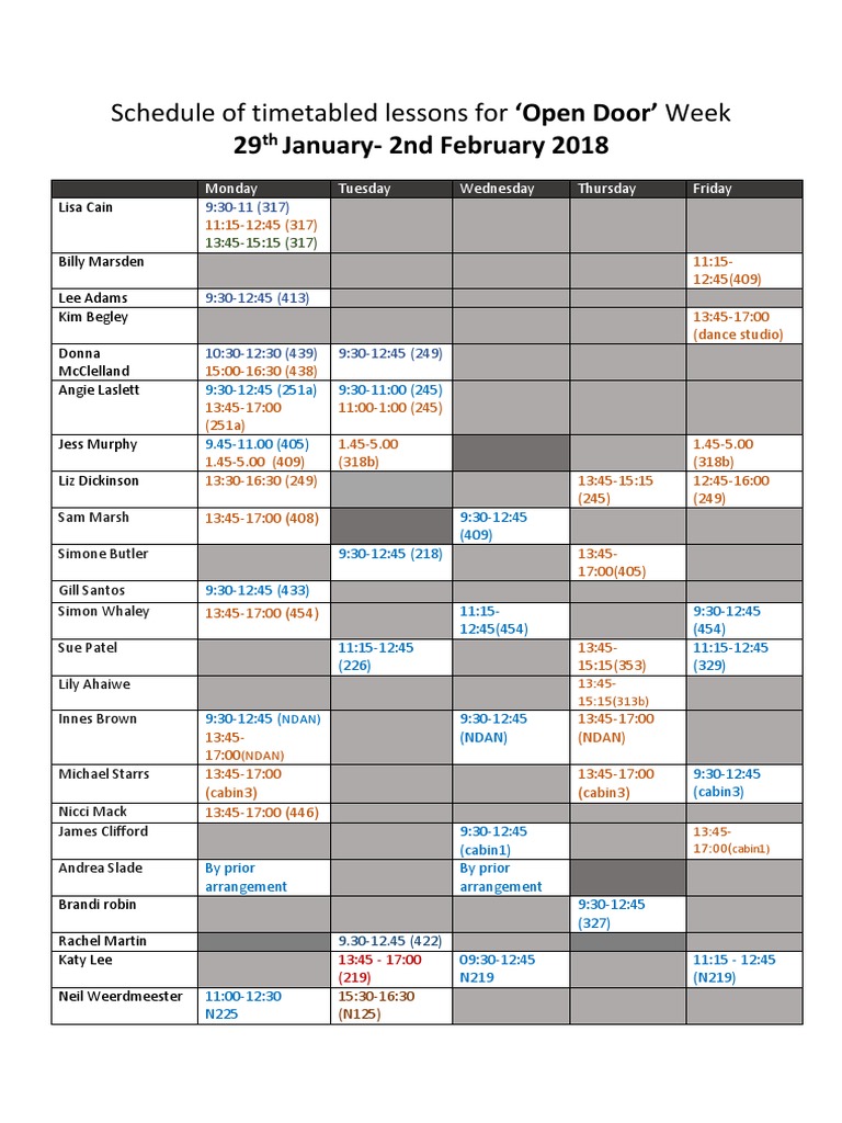 Schedule of Timetabled Lessons For Open Door' Week: 29 January-2nd ...