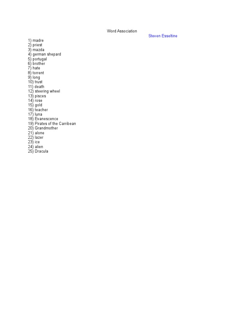 Word Association List by Steven Esseltine | PDF