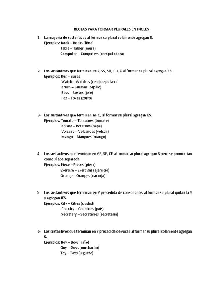 Reglas del plural en inglés | PDF | Artes del Lenguaje y Comunicación