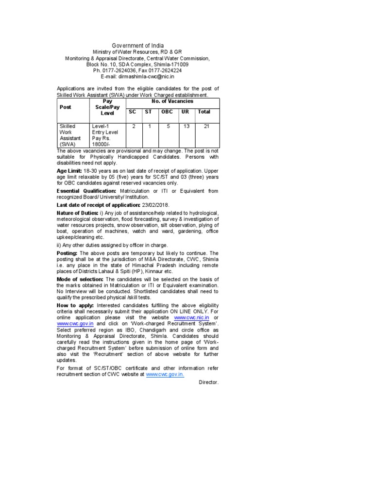 CWC Shimla Notification | PDF | Recruitment | Business