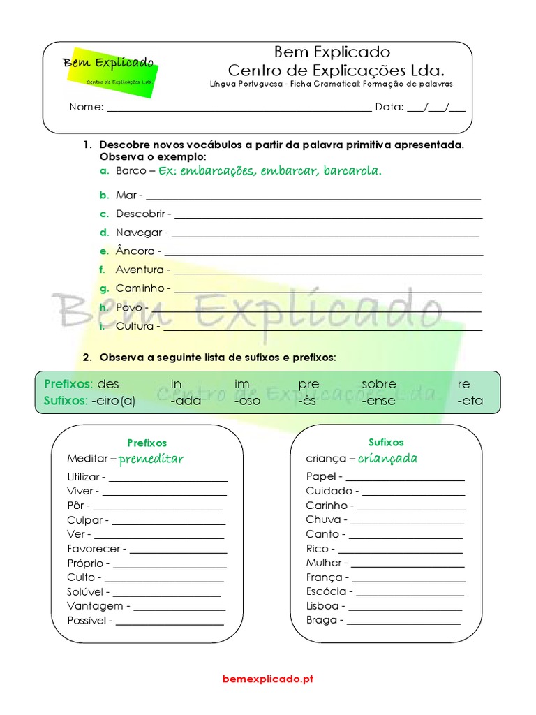 2.2 Ficha Derivação Prefixação e Sufixação 1 | Linguística | Tipologia ...