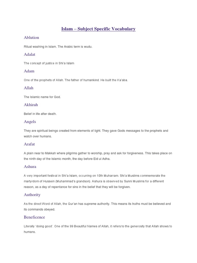 Islam - Subject Specific Vocabulary: Ablution | PDF | Hajj | Shia Islam