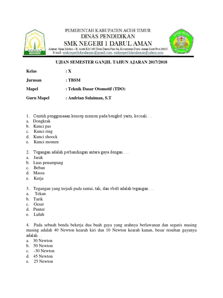 Soal TBSM X Tdo | PDF