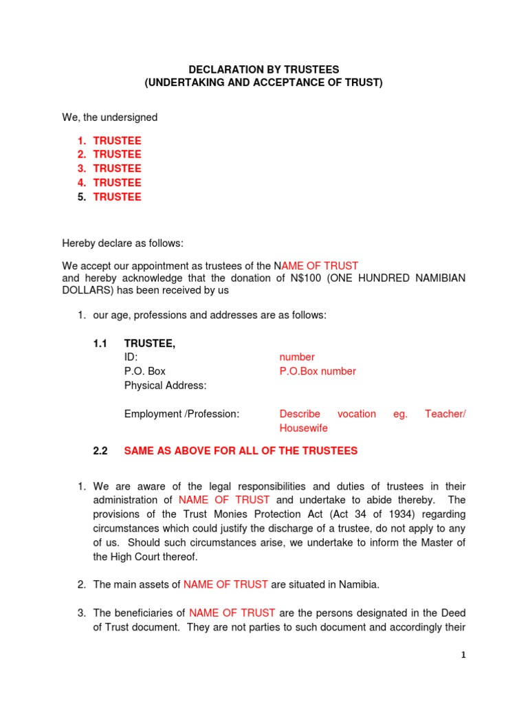 Trustee Declaration and Acceptance Form | PDF | Trust Law | Trustee