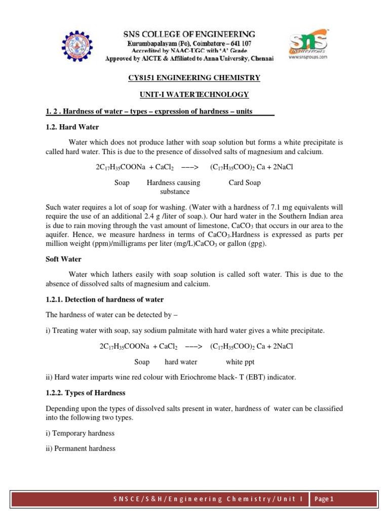 Cy8151 Engineering Chemistry Unit-I Watertechnology 1. 2 - Hardness of Water - Types ...