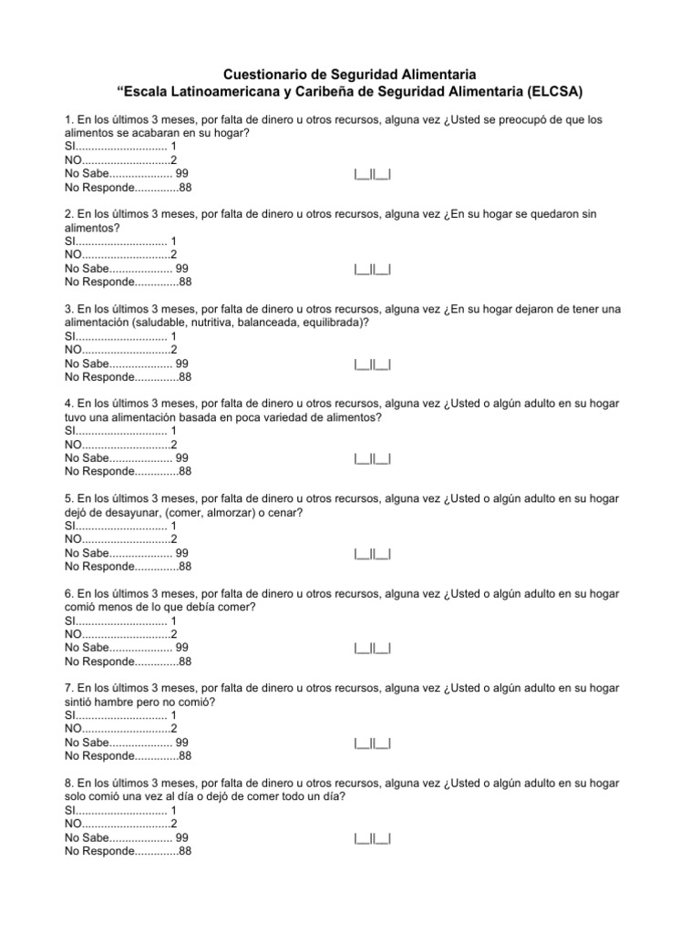 Cuestionario de Seguridad Alimentaria ELCSA | Seguridad alimentaria | Comida y bebida