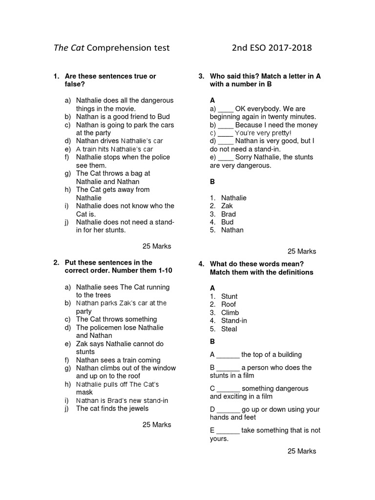 The Cat Comprehension Test: 2nd ESO 2017-2018 | PDF | Leisure | Sports