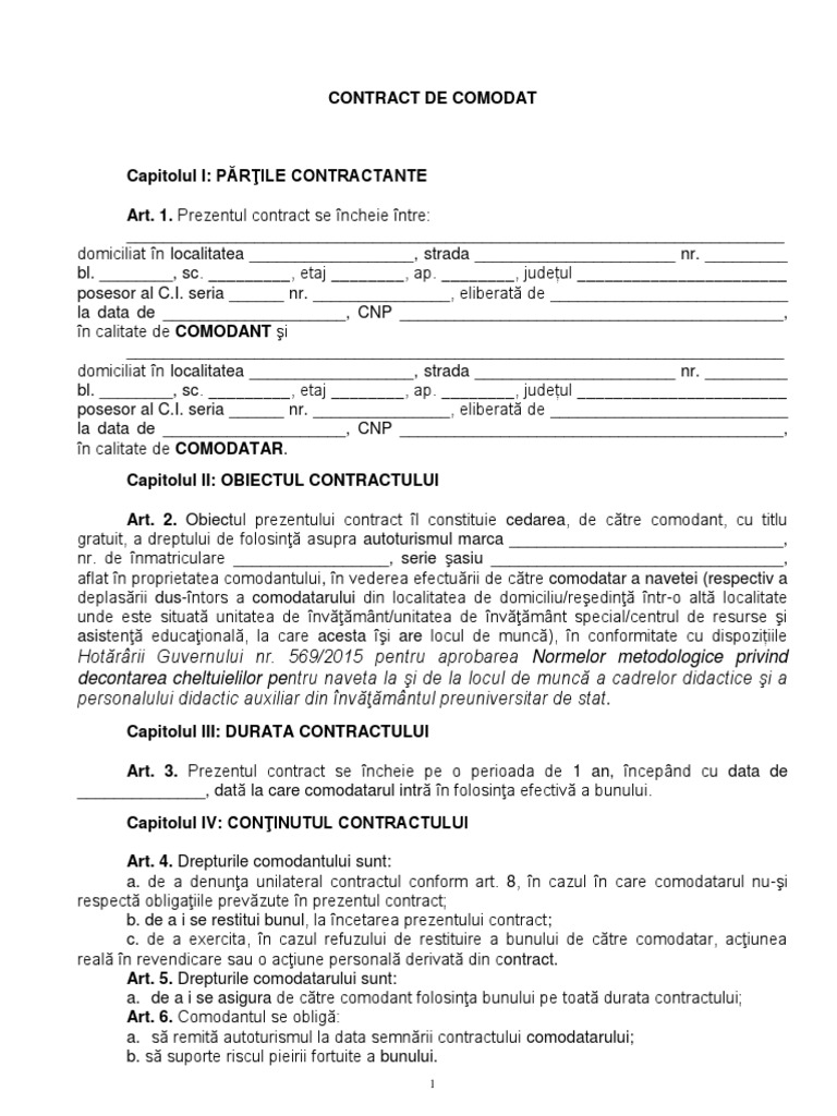 Model Contract Comodat | PDF