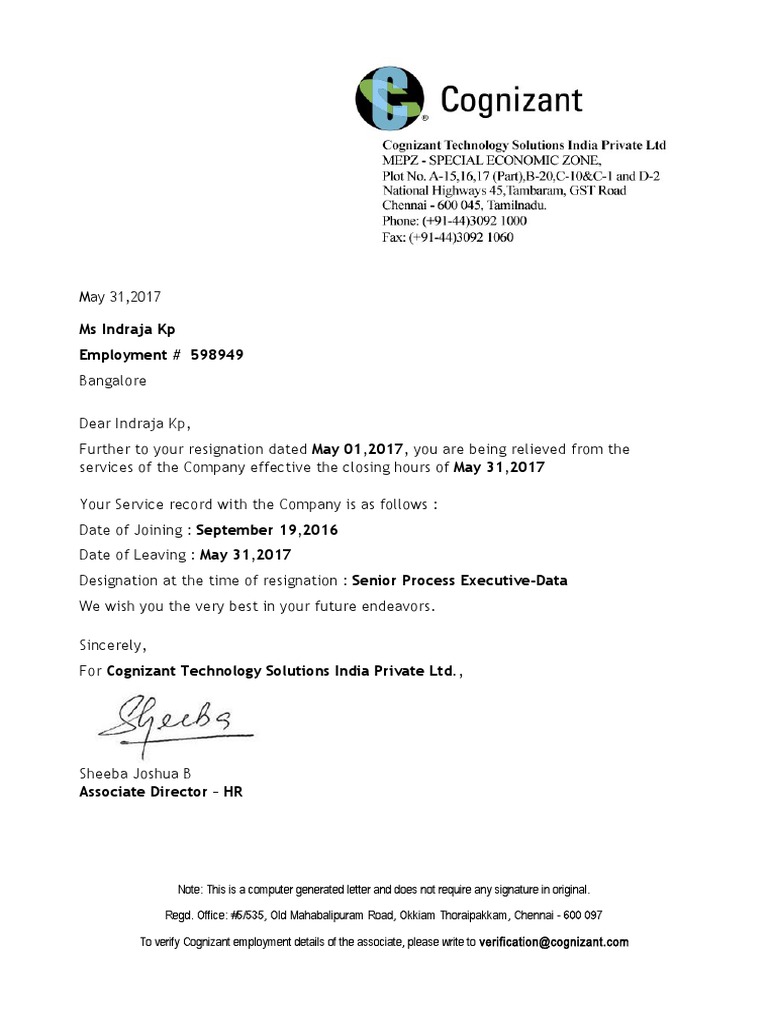 Cognizant Relieving Letter for Indraja Kp | PDF