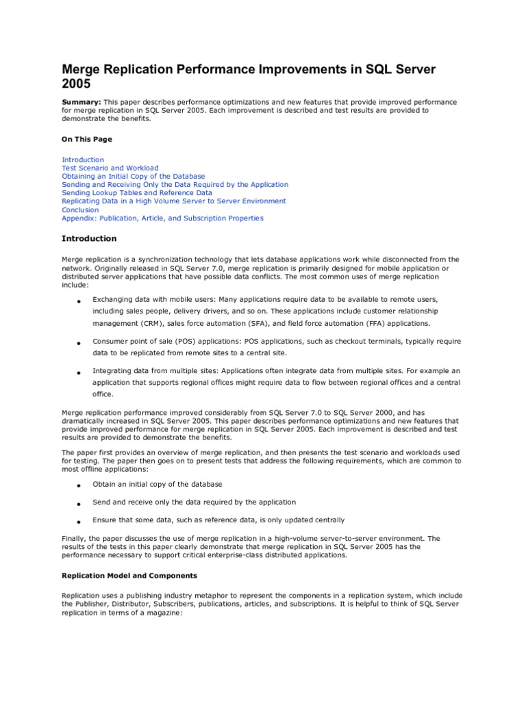 Merge Replication Performance Improvement Pdf Microsoft Sql Server