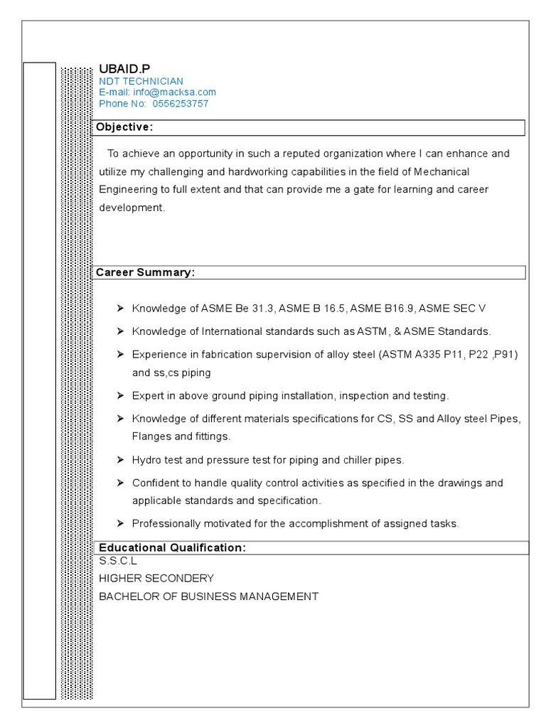 A Comprehensive Resume for an Experienced NDT Technician Seeking a New ...