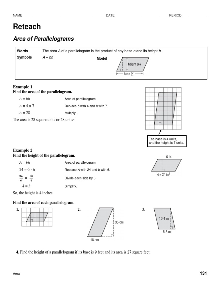 Reteach Area of Parallelograms | PDF
