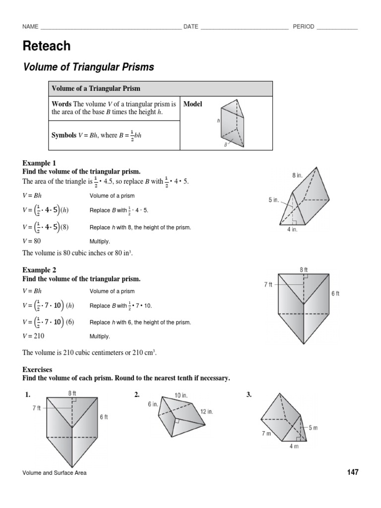 Reteach Volume of Triangular Prisms | PDF