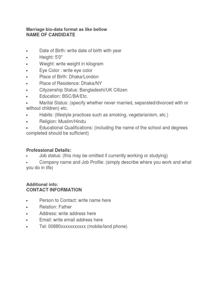 Marriage Bio-Data Template | PDF | Lifestyle