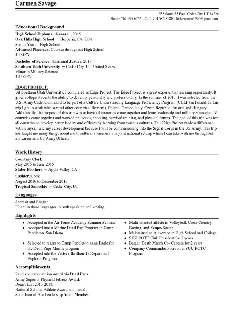 Carmen Savage Resume PDF Complete | PDF | Cadet | Leadership
