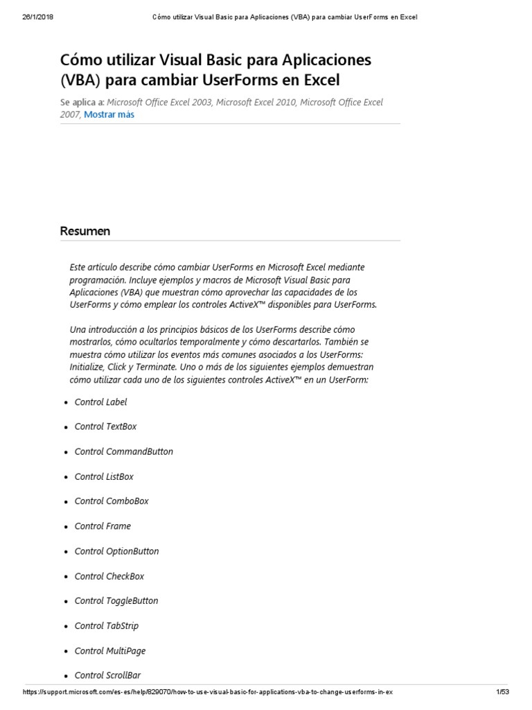 Cómo Utilizar Visual Basic para Aplicaciones (VBA) para Cambiar UserForms en Excel | PDF ...