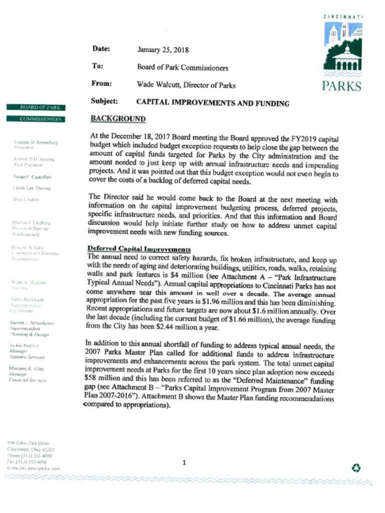 Cincinnati Parks New Plan To Address Backlog of Maintenance Work | PDF