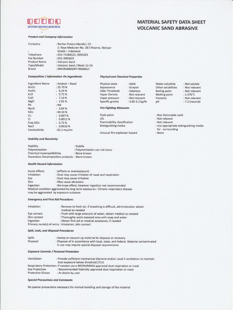 Vulcanic Sand MSDS | PDF | Breathing | Chemistry