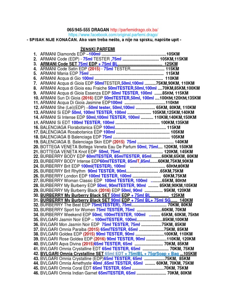 Parfemi Kompletan Spisak Sa Cjenama 80 | PDF