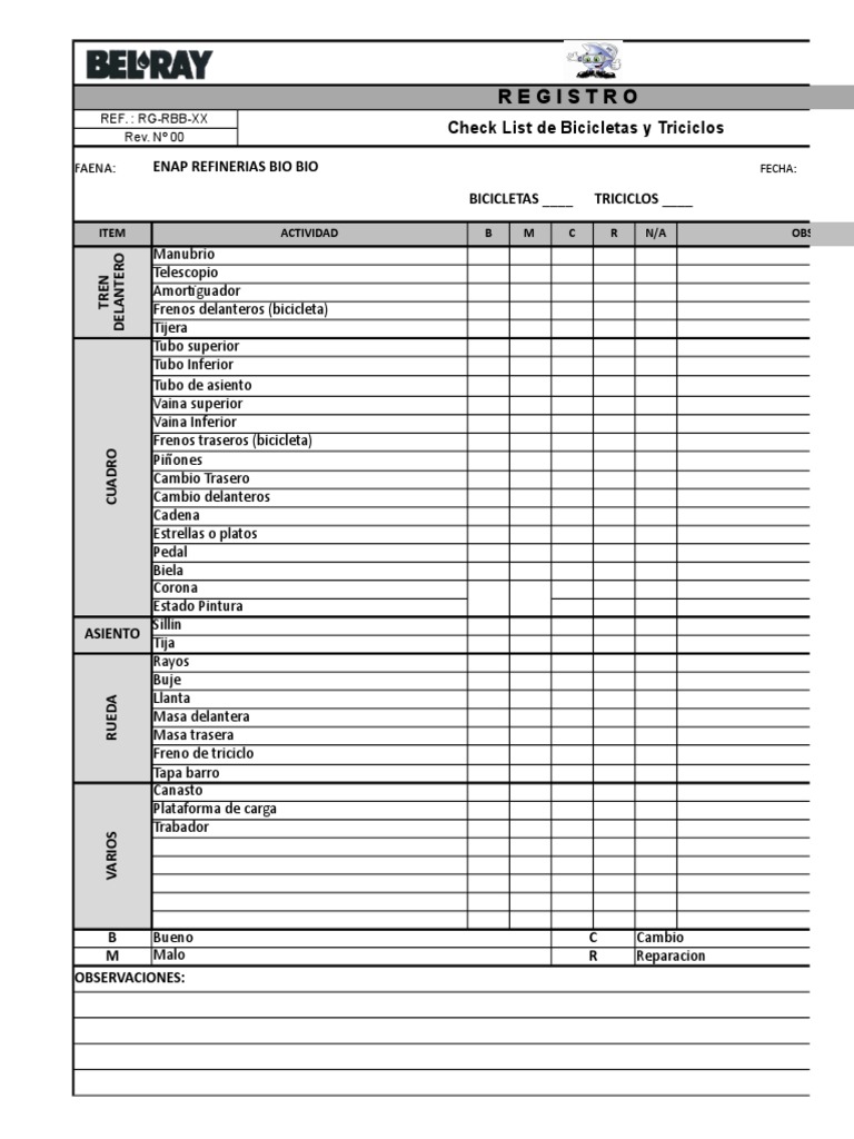 RG-RBB-XXv00 Check List Bicicletas y Triciclos | PDF