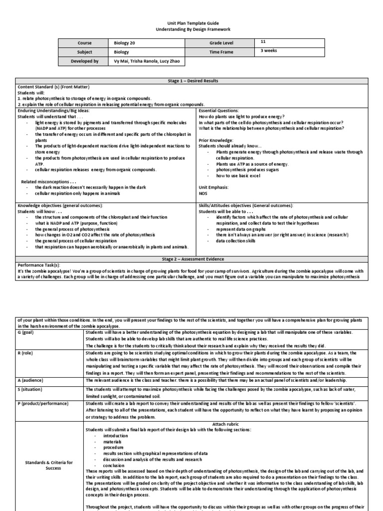 Photosynthesis and Respiration Unit Plan | PDF | Photosynthesis ...