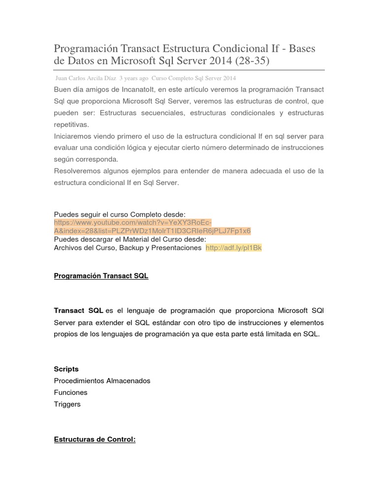 Programación Transact Estructura Condicional If | PDF | SQL | Servidor ...