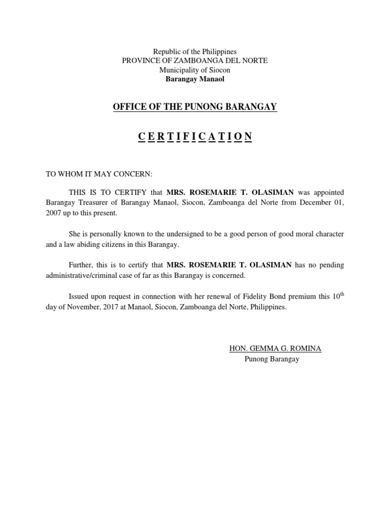 Certification of Fidelity Bond | PDF