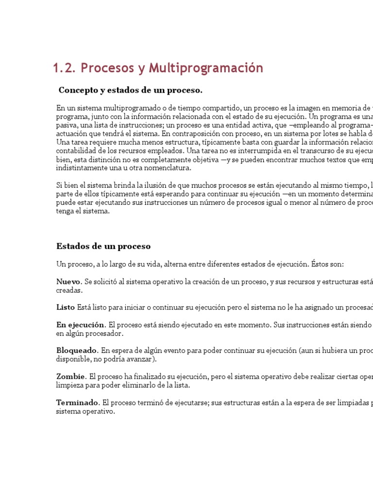 1.2. Procesos y Multiprogramación: Concepto y Estados de Un Proceso | PDF