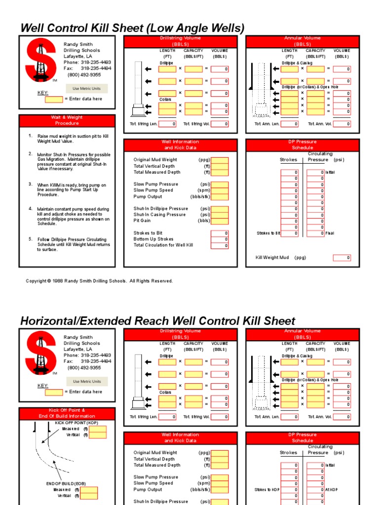 Well Control Kill Sheet (Low Angle Wells) : Drillstring Volume Annular ...