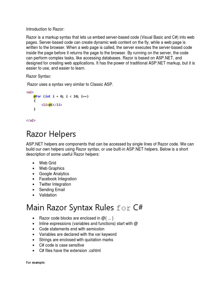 Razor Helpers: For Int | PDF | Active Server Pages | C Sharp (Programming Language)