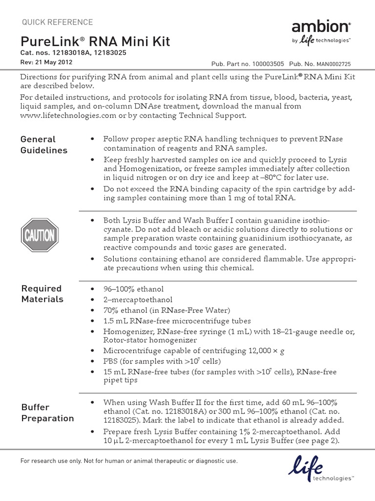 Purelink Rna Mini Kit QRC | PDF | Lysis | Centrifuge